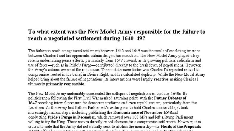 The Role of the New Model Army in the 1640-49 Settlement Failure - Studocu