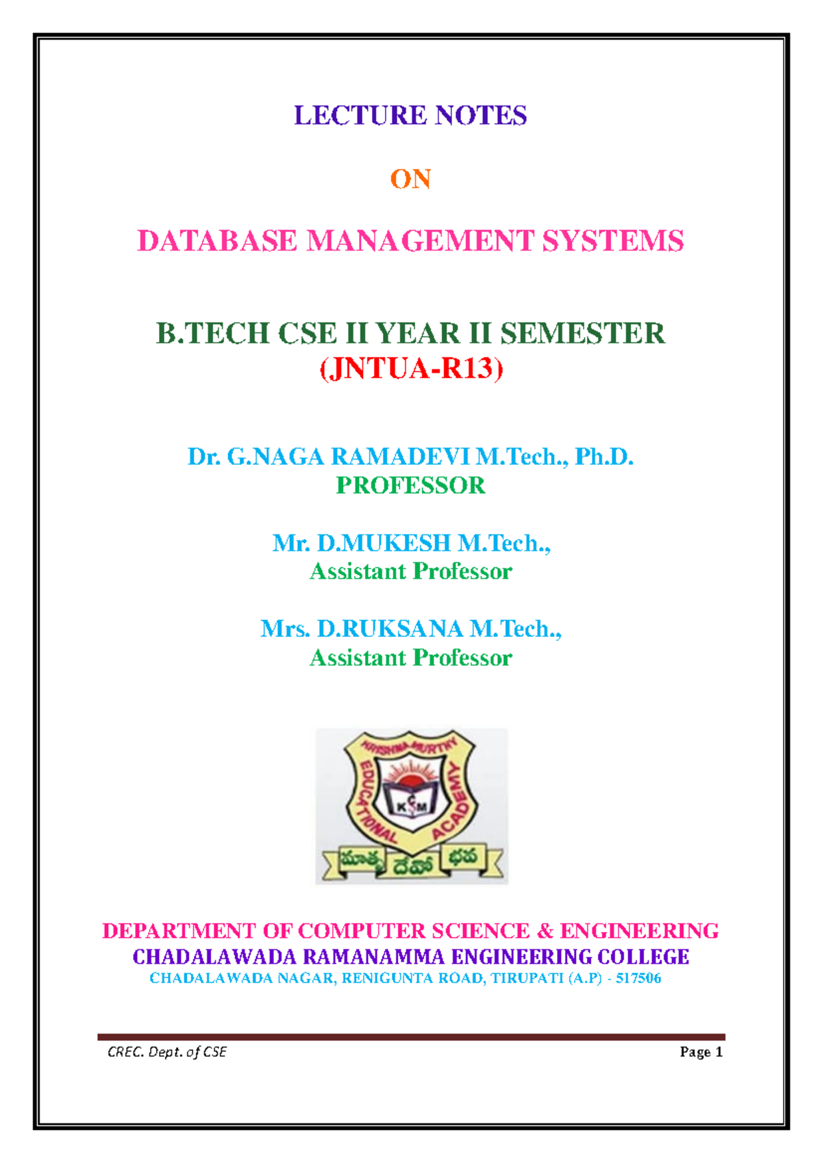 DBMS Lecture Notes for B.CSE II Year II Sem (JNTUA-R13) - Studocu