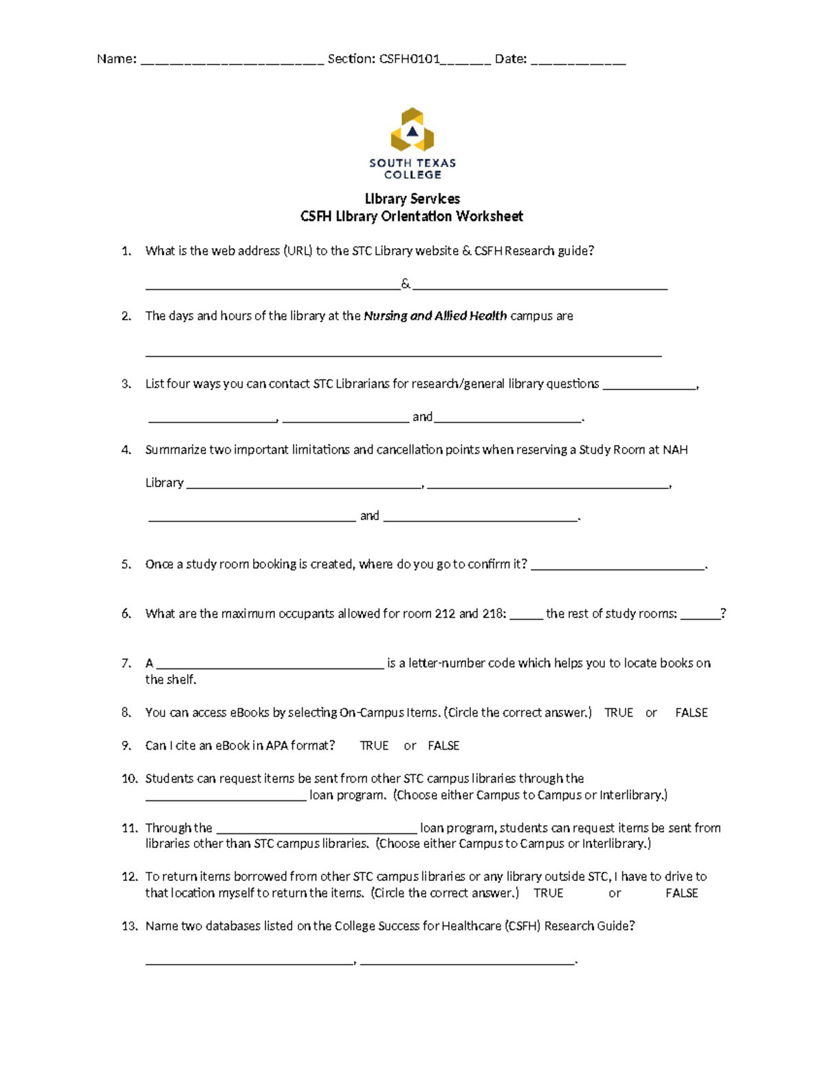 CSFH0101 Library Orientation Worksheet for Nursing & Allied Health ...