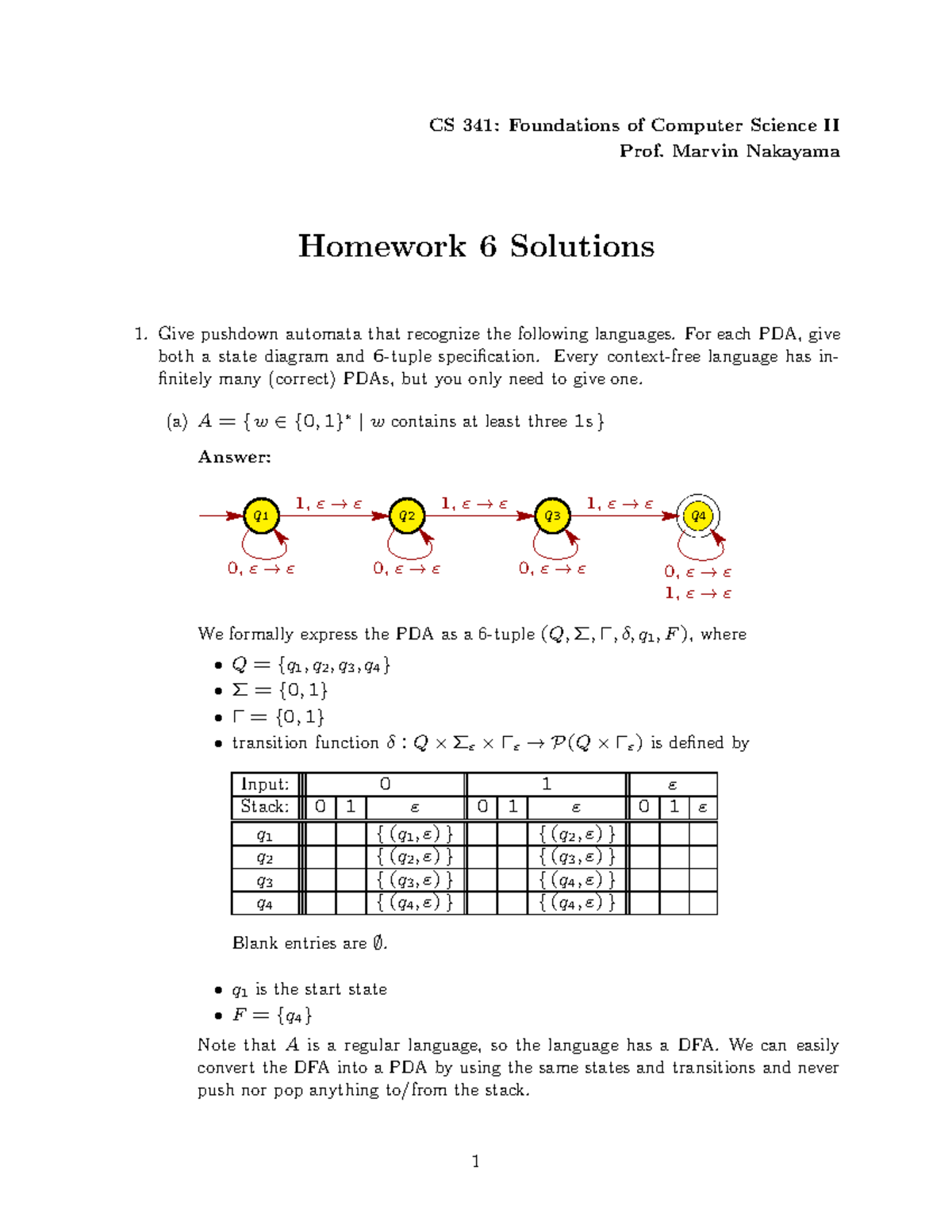 CS 341: Foundations of Computer Science II - Homework 6 PDA Solutions ...