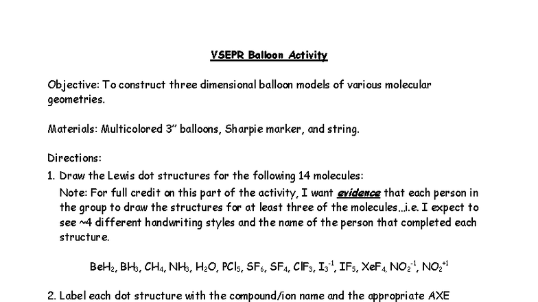 Vsepr Balloon Activity - VSEPR Balloon Activity Objective: To construct ...