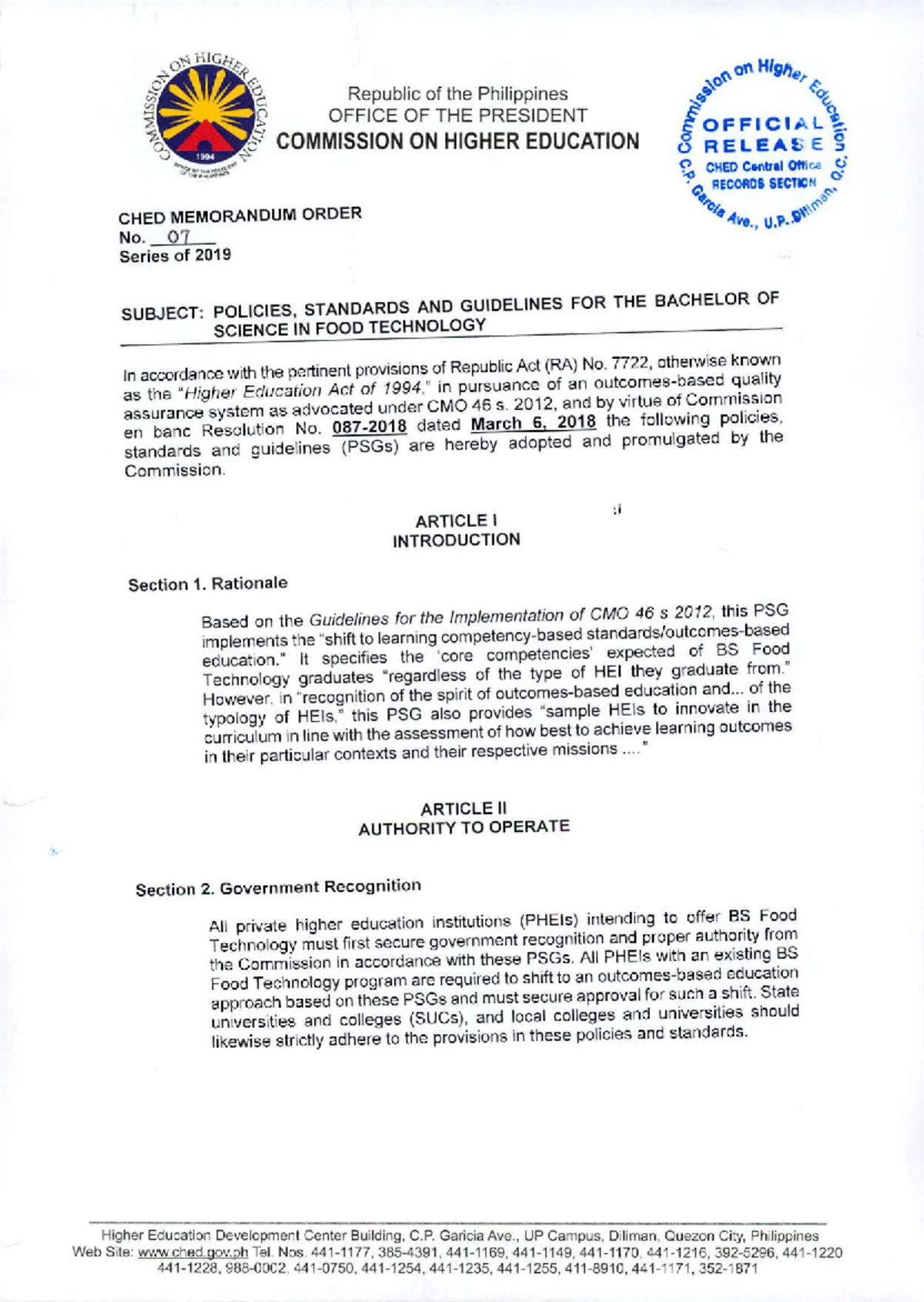 CHED PSG for BS Food Technology: Policies, Standards & Guidelines - Studocu