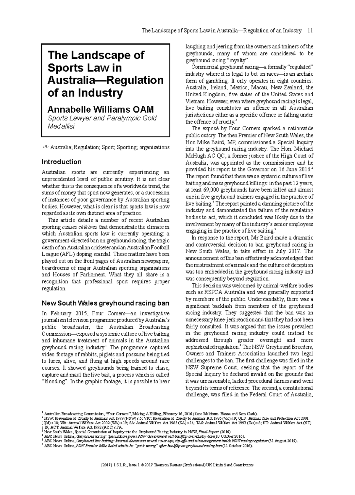 The Landscape of Sports Law in Australia: Key Regulatory Issues and ...