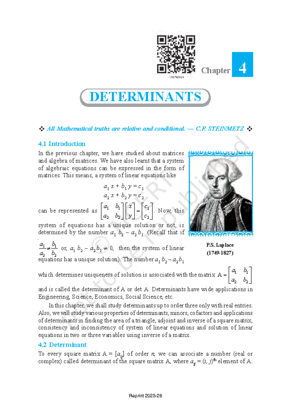 76 MATHEMATICS Chapter 4: DETERMINANTS and Their Applications - Studocu