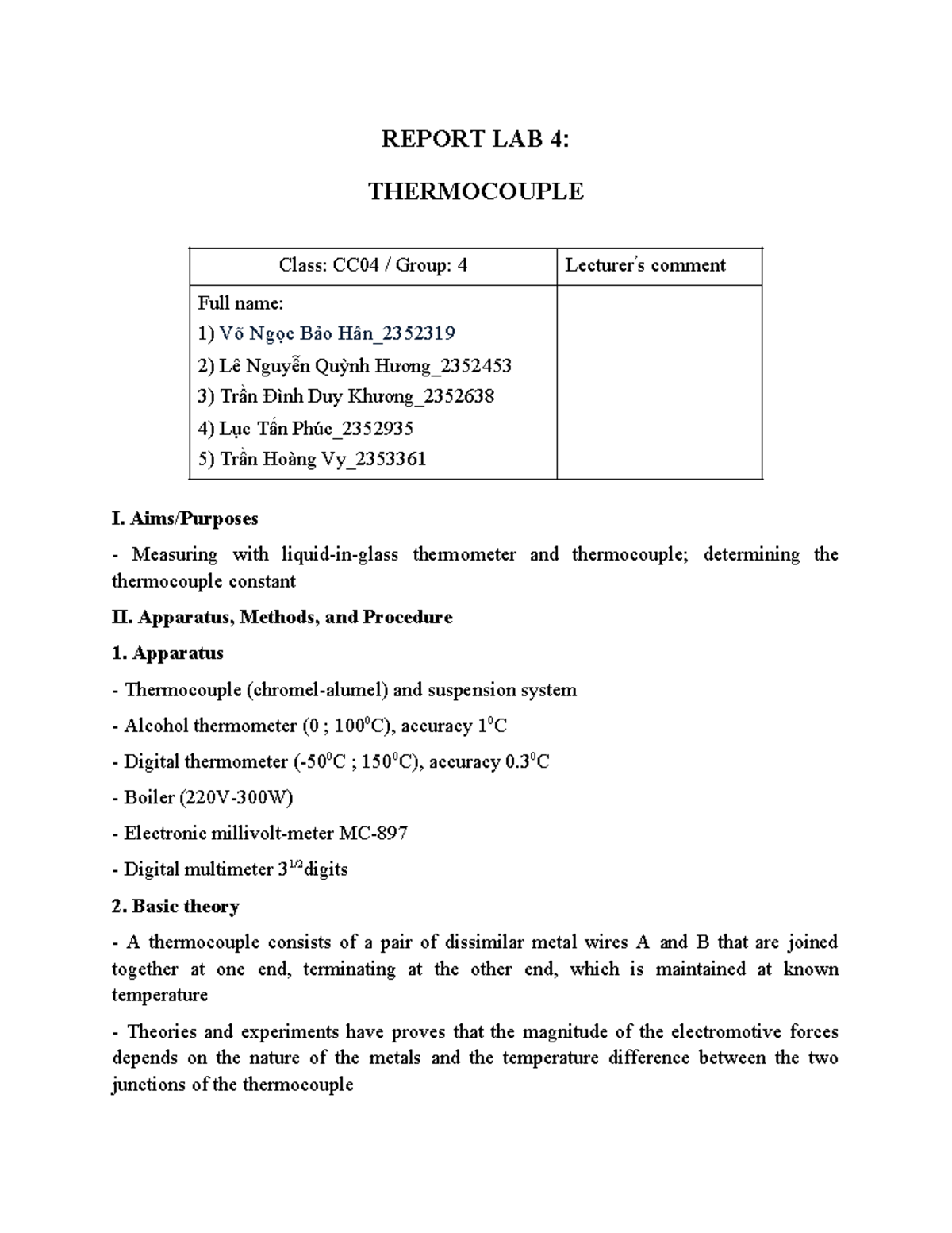 Thermocouple Analysis Report for LAB 4 - CC04 Group 4 - Studocu