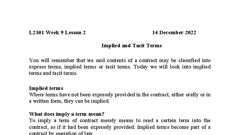 L2301 Week 9 Lesson 2: Understanding Implied and Tacit Terms - Studocu