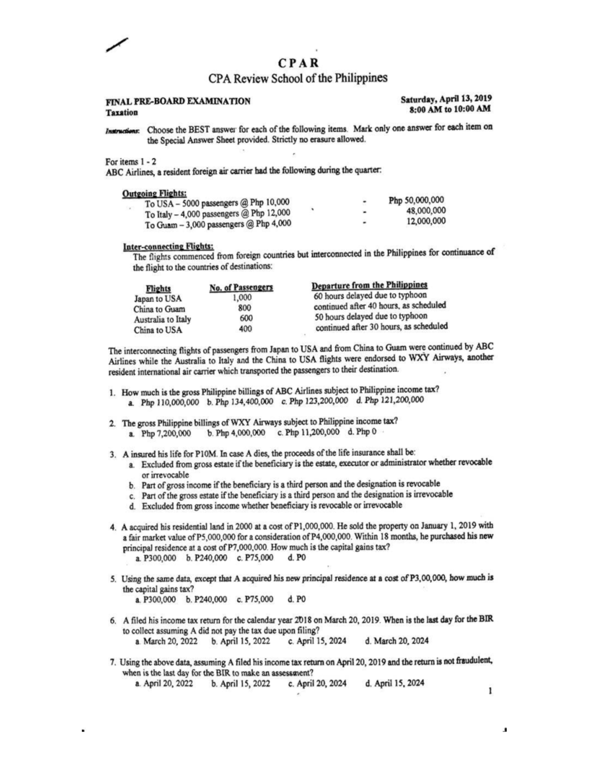 CPAR CPA Review: Taxation Final Exam Review Notes - Studocu