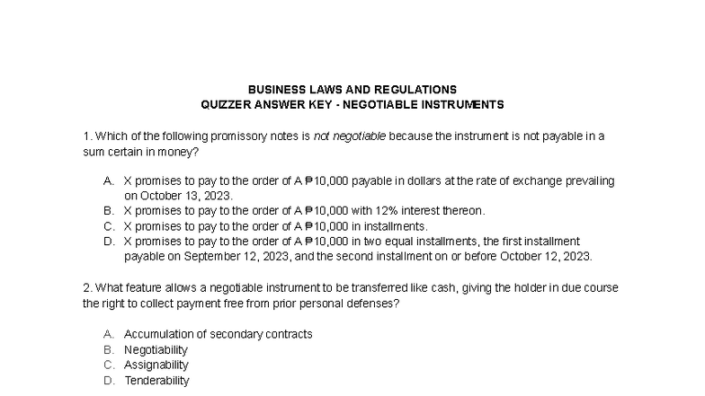 BUSINESS LAWS AND REGULATIONS QUIZ ANSWER KEY ON NEGOTIABLE INSTRUMENTS ...