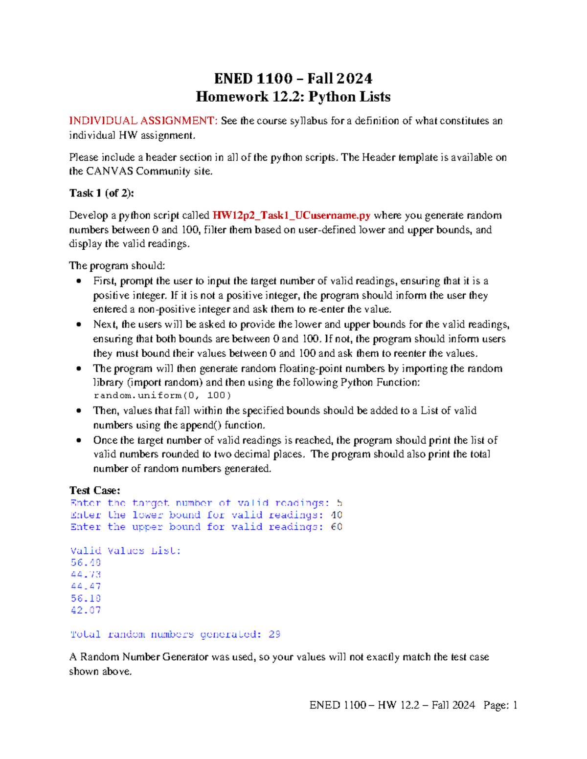 ENED 1100 Fall 2024 Homework 12.2: Python Lists Assignment Guide - Studocu
