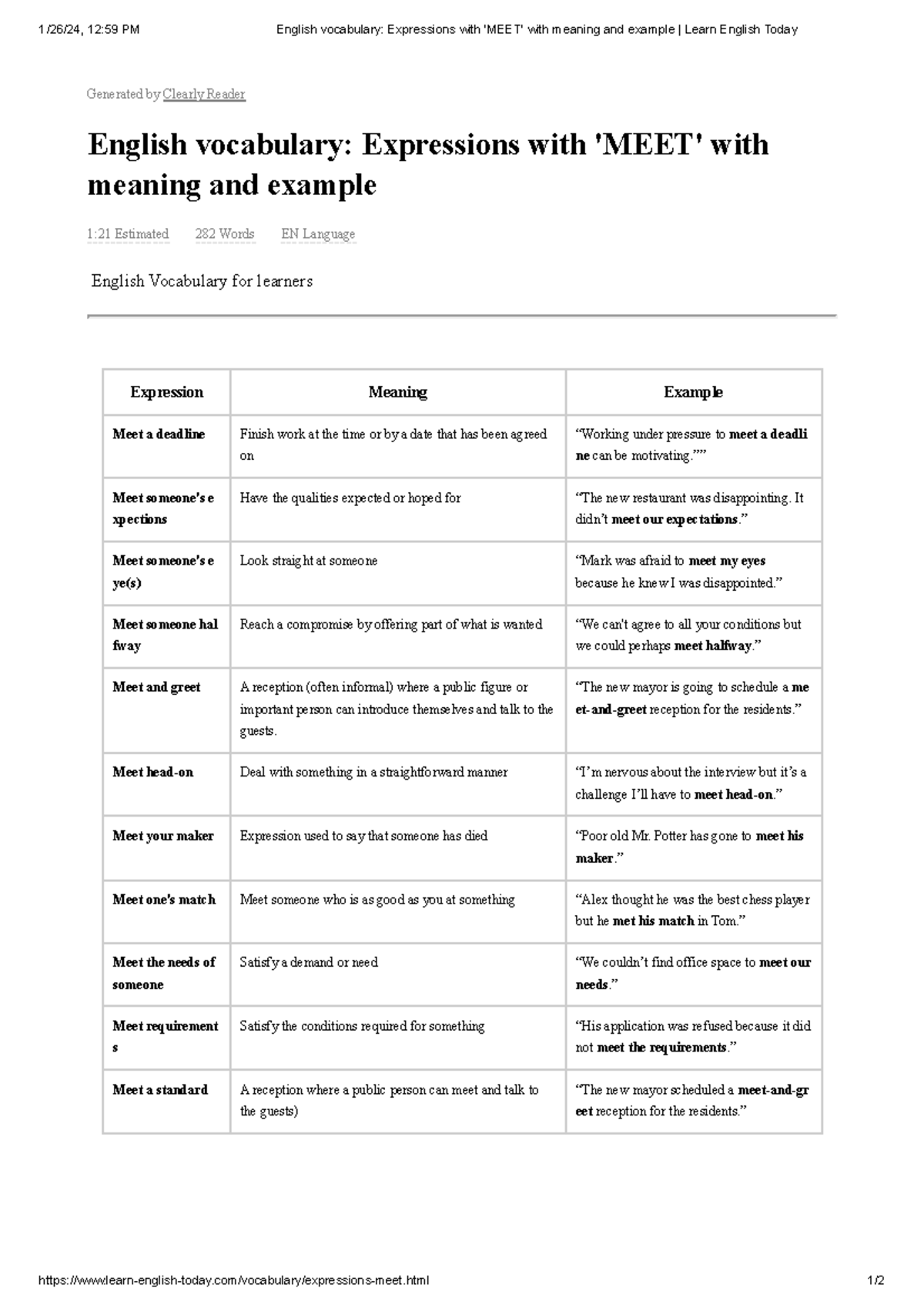 English vocabulary Expressions with 'MEET' with meaning and example ...
