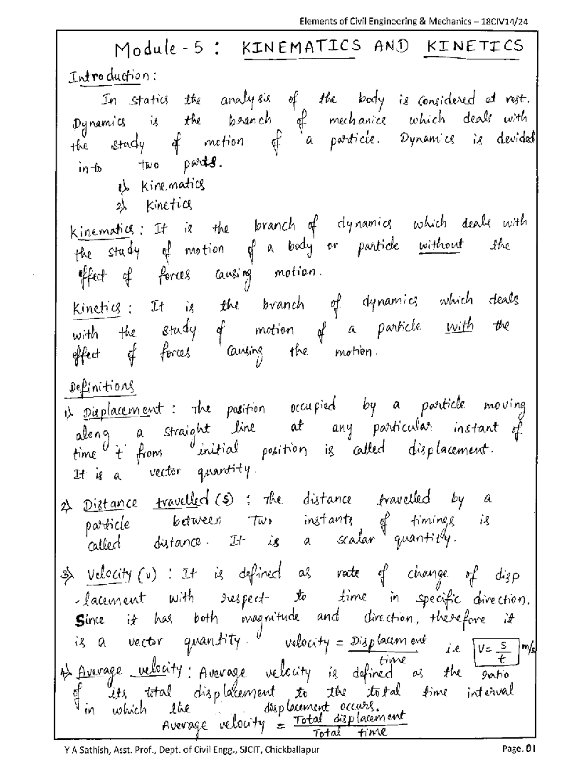 Elements of Civil Engineering Mechanics (CIV 101) - Kinematics & Kinetics - Studocu