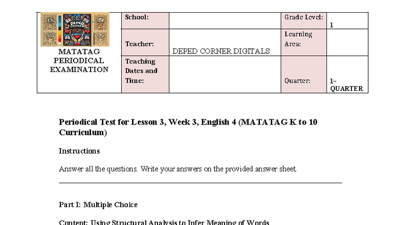 PT-WEEK 3: Structural Analysis in English 4 (MATATAG) - Studocu