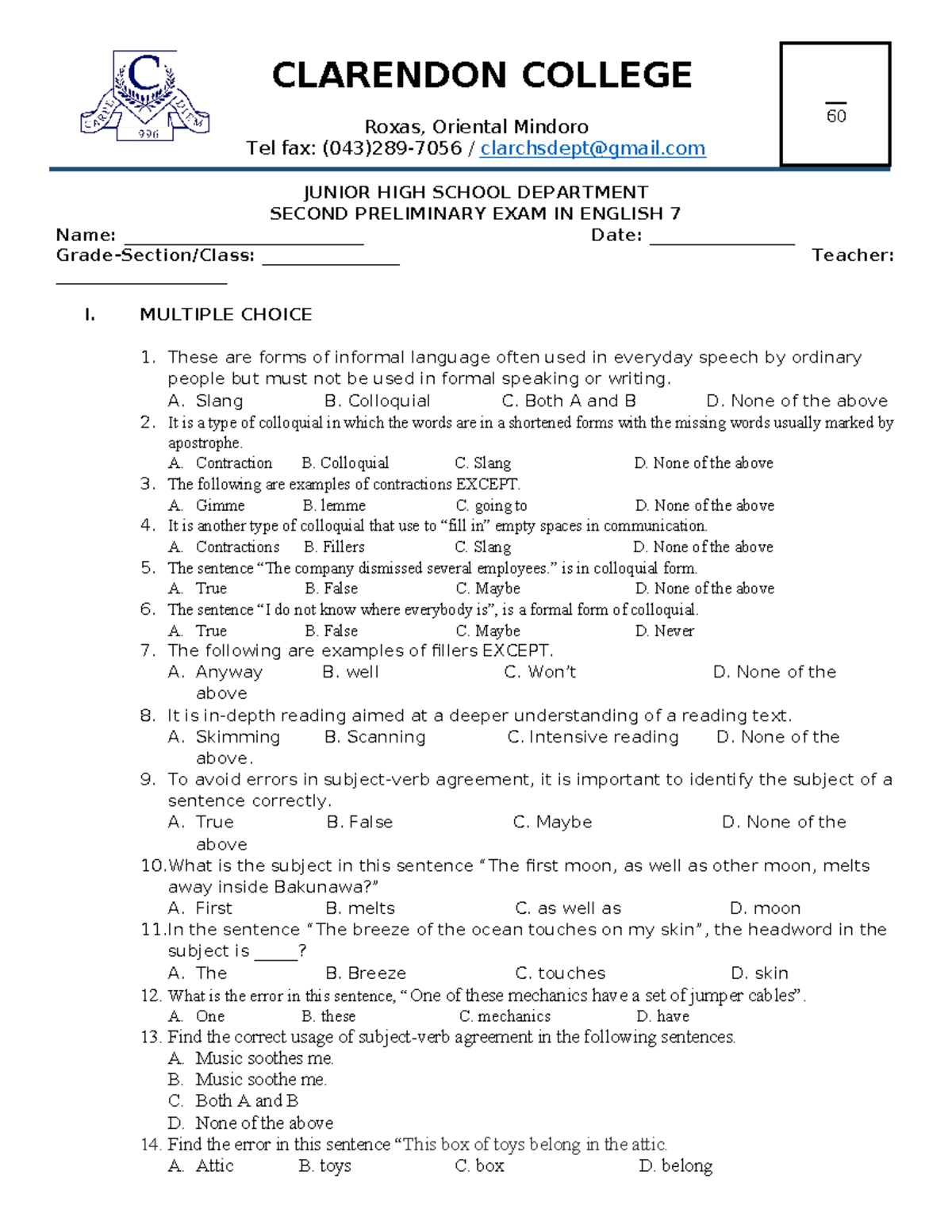 Second Preliminary Exam in English 7: Summative Test Review - Studocu