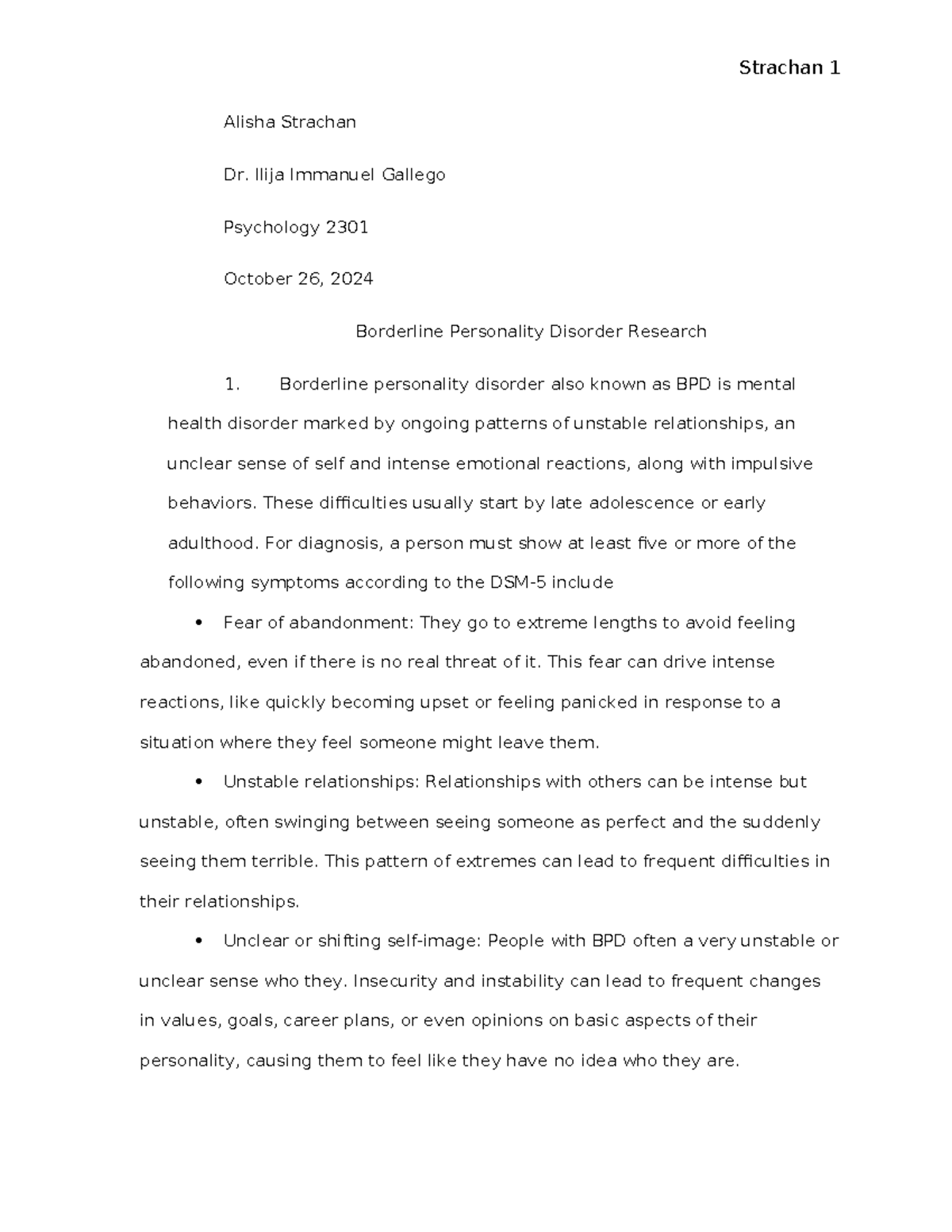Psyc 2301: Research on Borderline Personality Disorder - Studocu