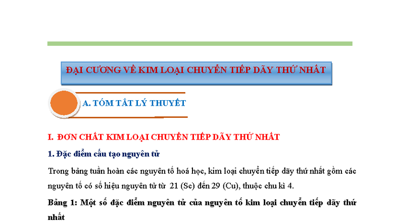 Đại cương về kim loại chuyển tiếp dãy thứ nhất - Hóa 12 - Studocu