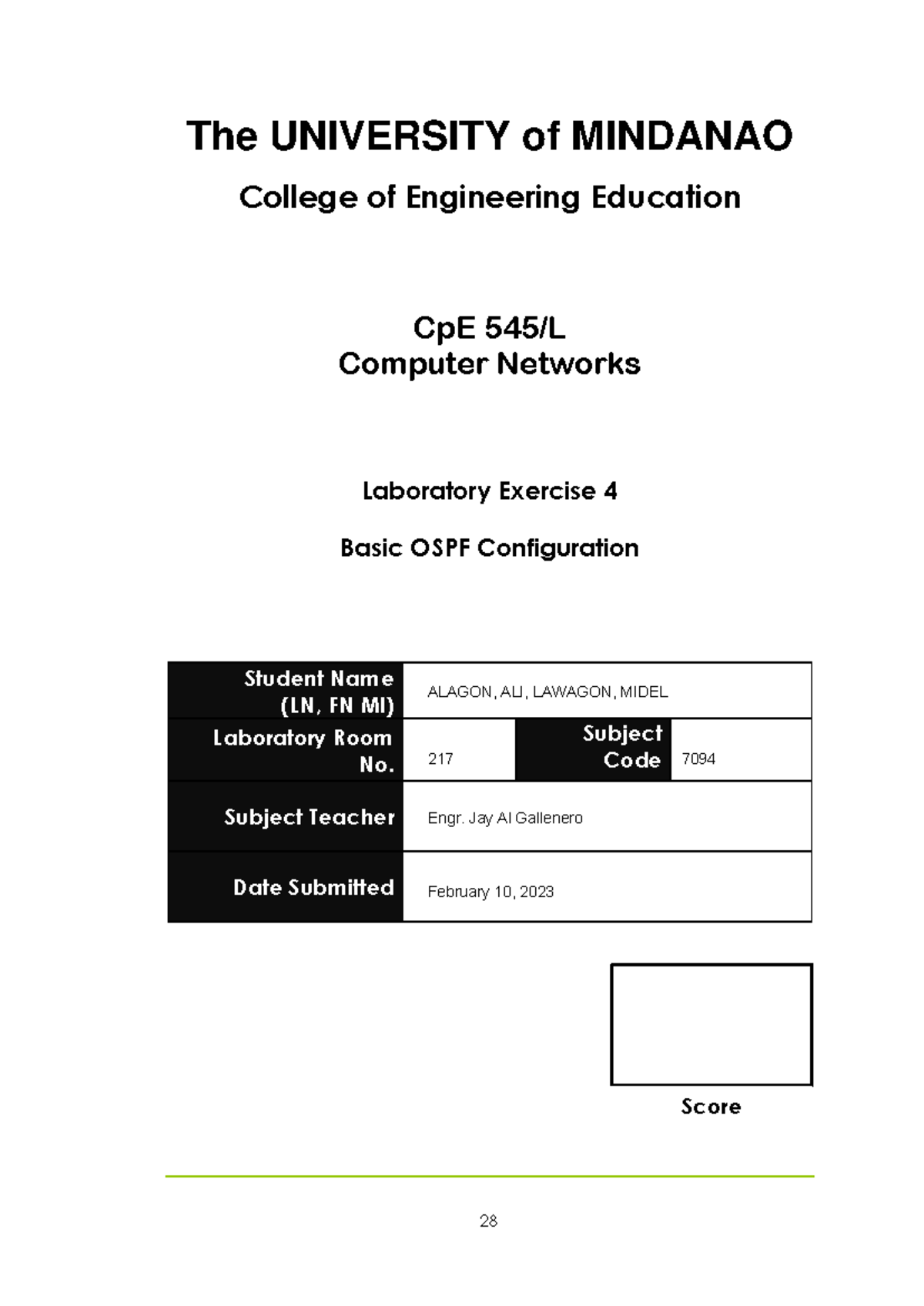 Lab Exercise 4: Basic OSPF Config in CpE 545/L Computer Networks - Studocu