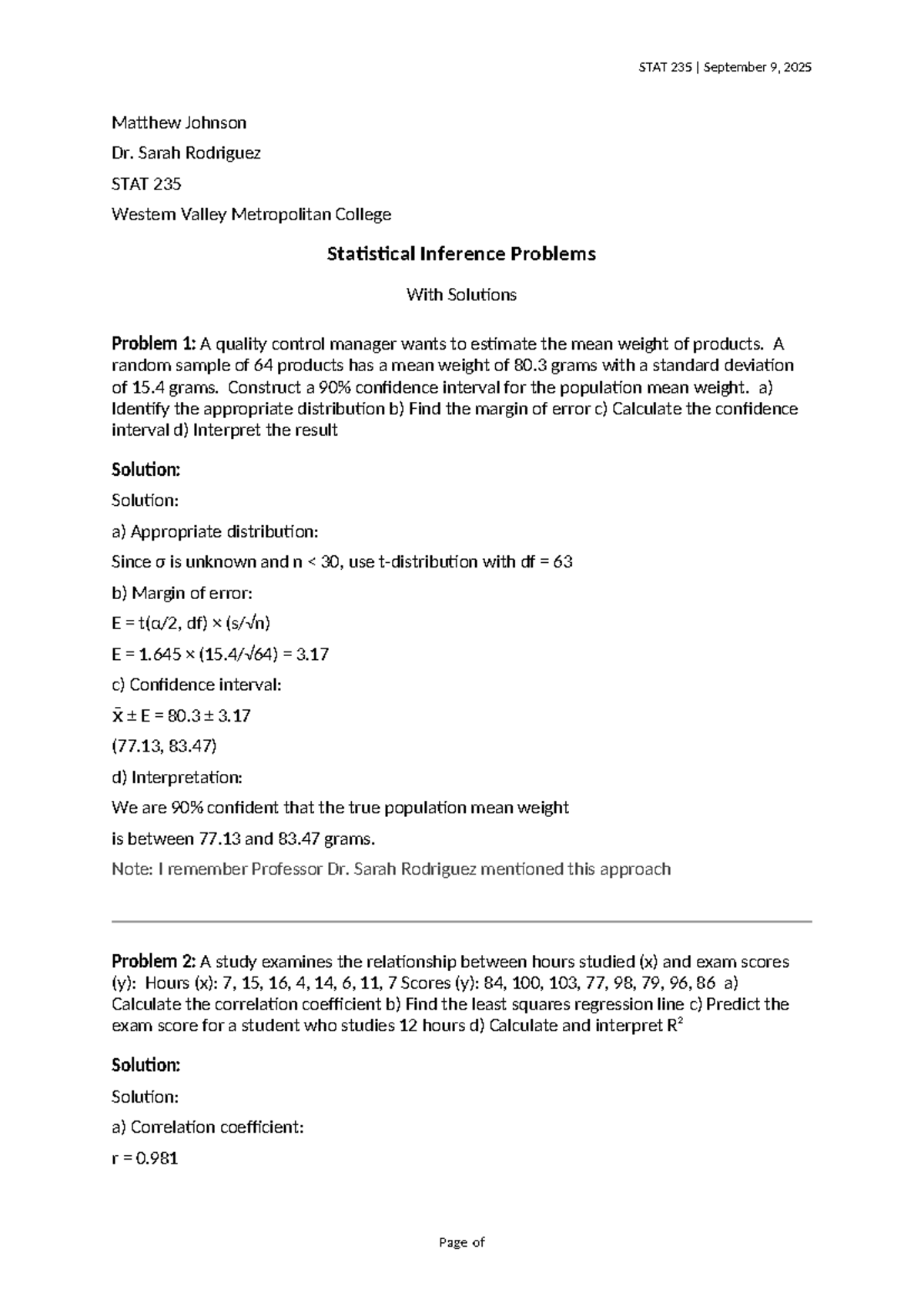STAT 235 Statistical Inference Problems & Solutions - Studocu