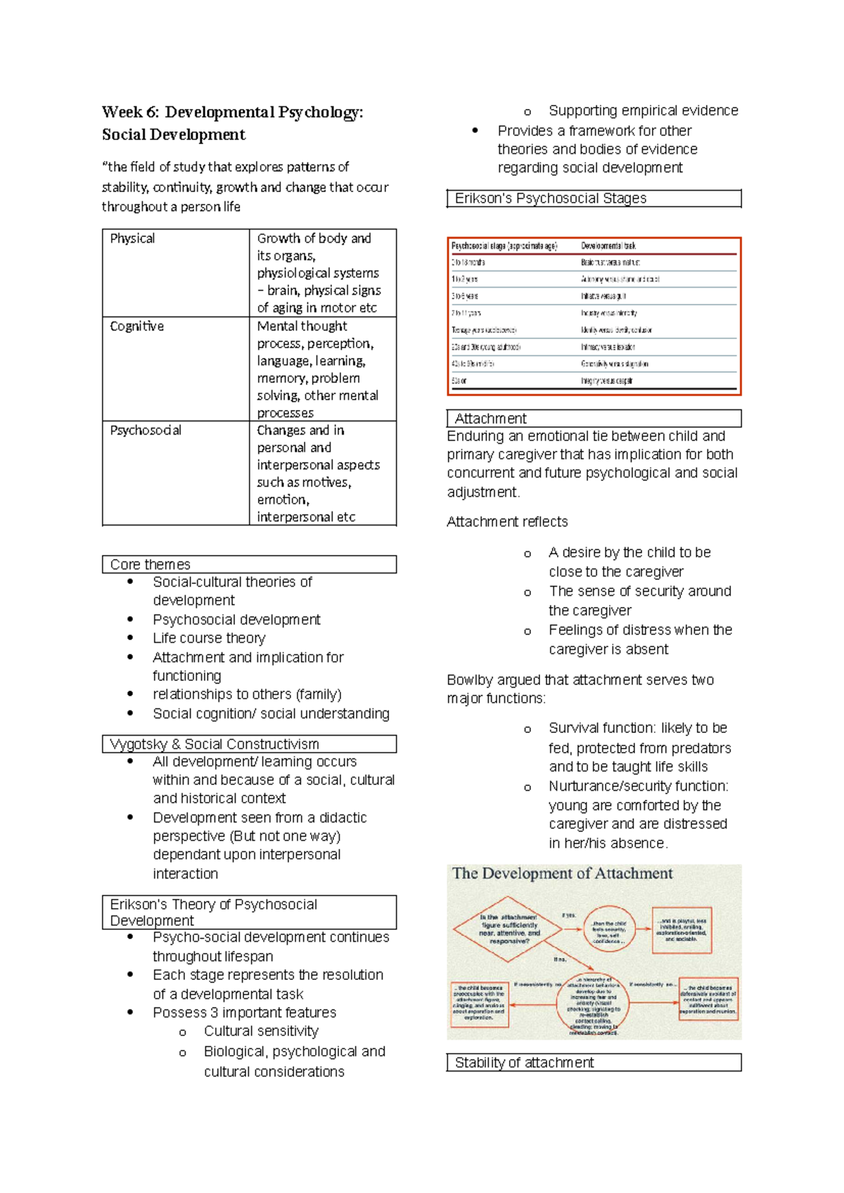 Week 6: Developmental Psychology Lecture Notes on Social Development ...