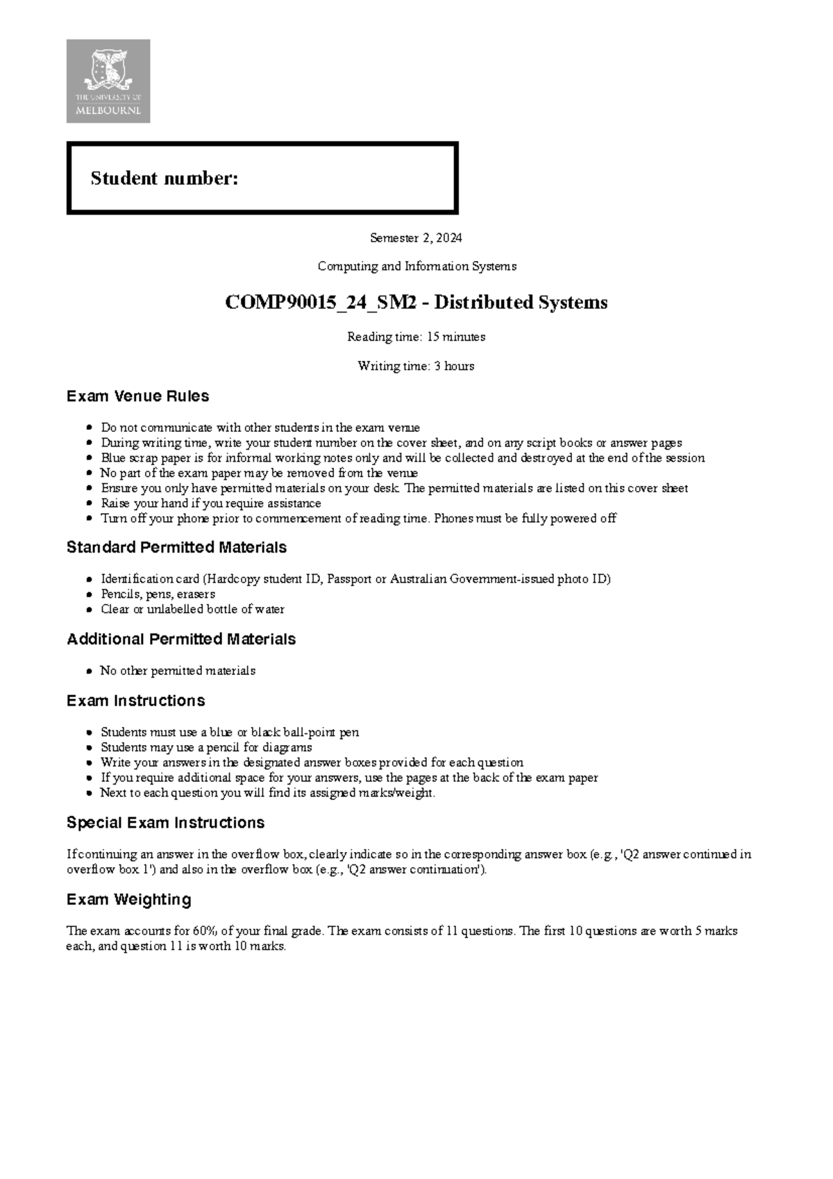 COMP90015 S2 2024 Distributed Systems Sample Exam Guide - Studocu