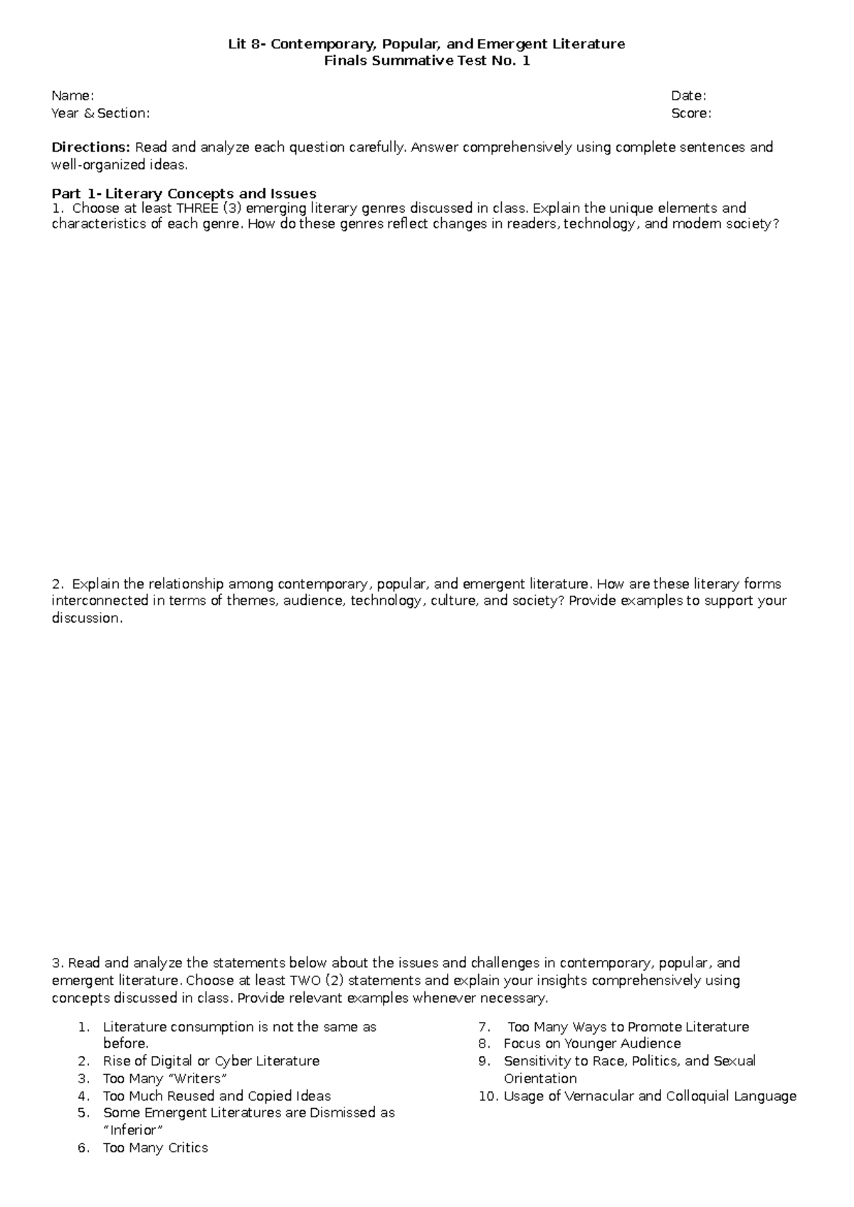 Lit 8 - Finals Summative Test on Contemporary & Emergent Literature ...