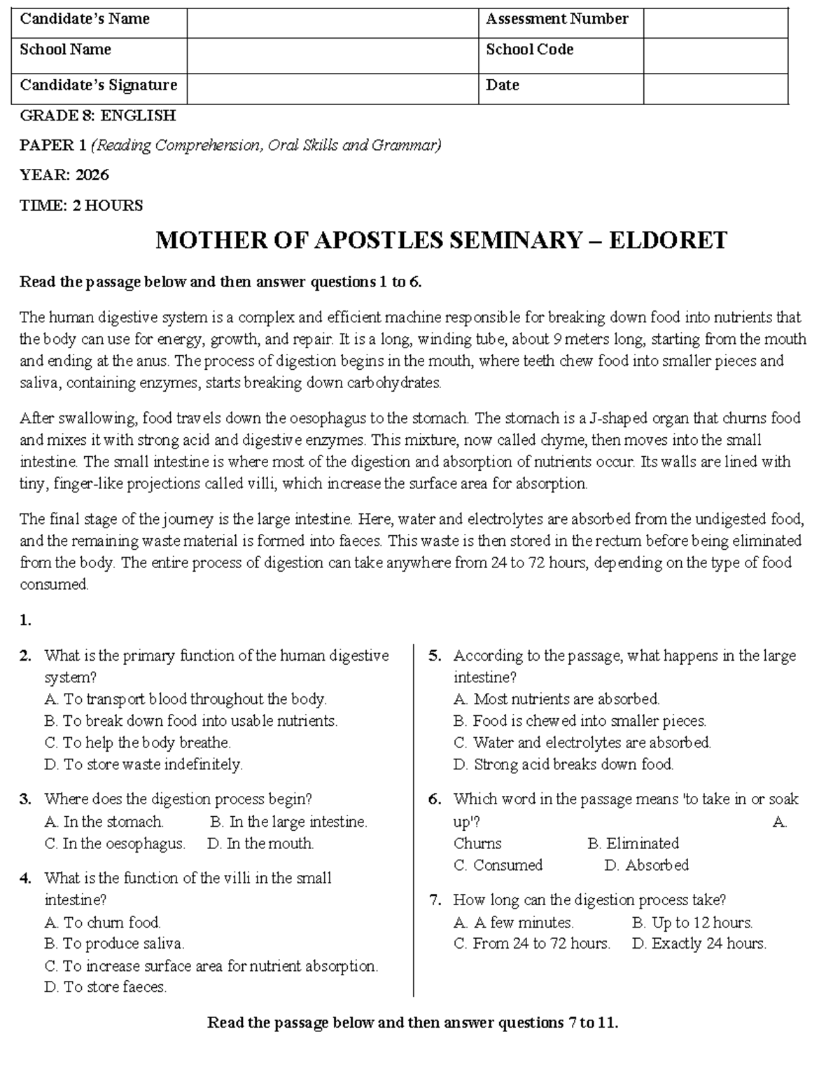 Grade 8 English 2026 - Reading Comprehension & Grammar Exam - Studocu