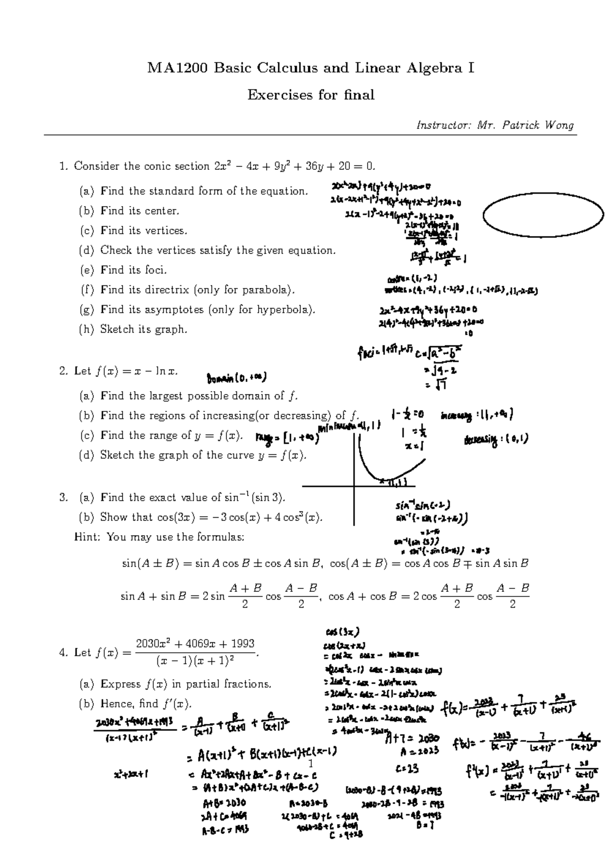 MA1200 Final Exam Review: Basic Calculus & Linear Algebra I Exercises ...