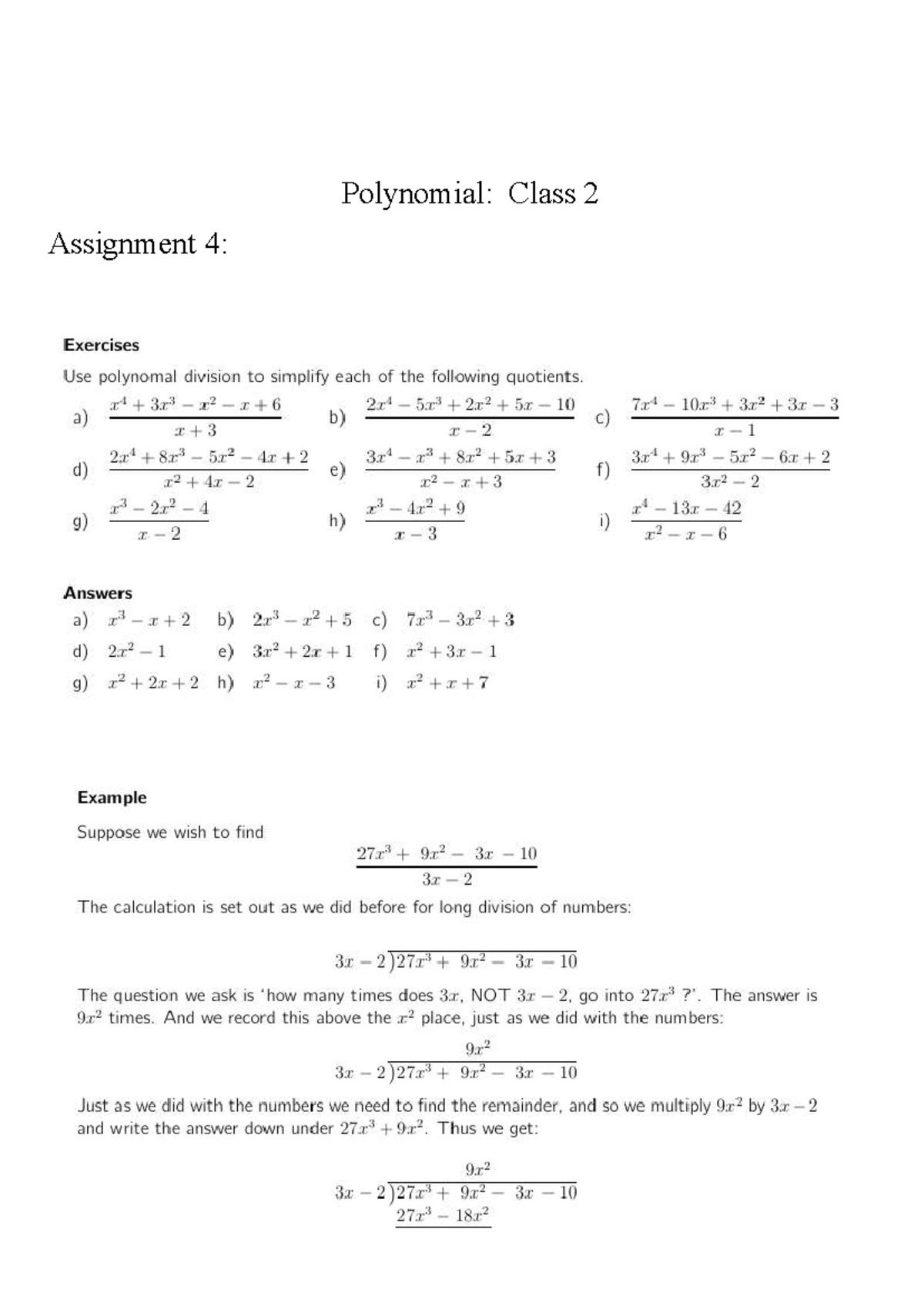 Polynomial Class 2: Assignment 4 - Division Exercises - Studocu