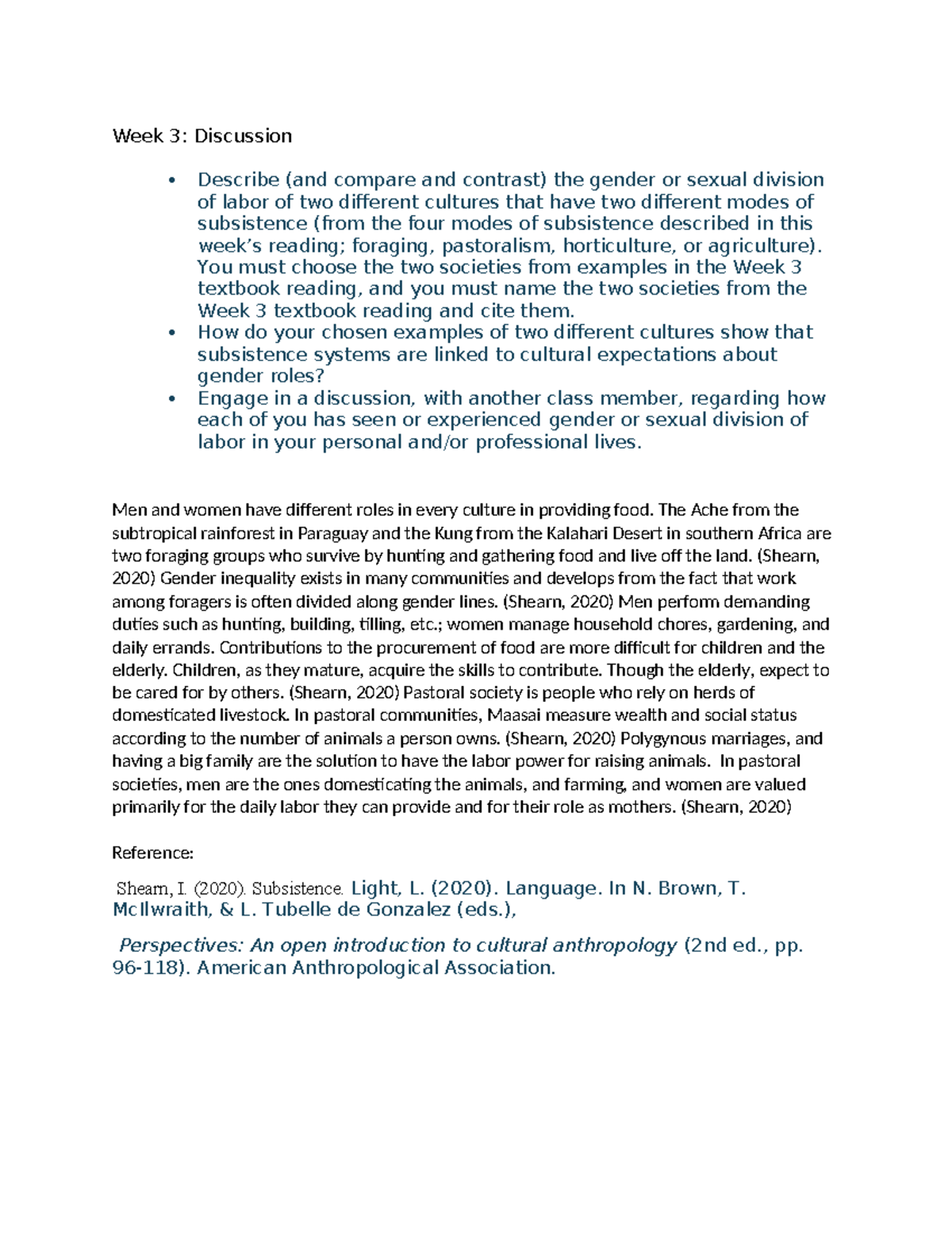 Anthropology Wk3 Discussion: Gender Division in Two Subsistence ...