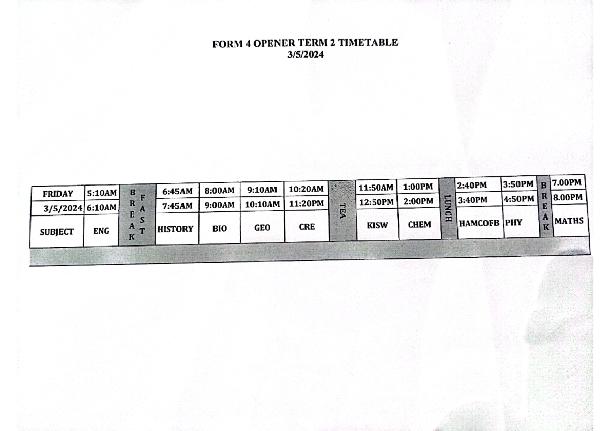 Form 4 Opener Term 2 Timetable - Medicine - Studocu