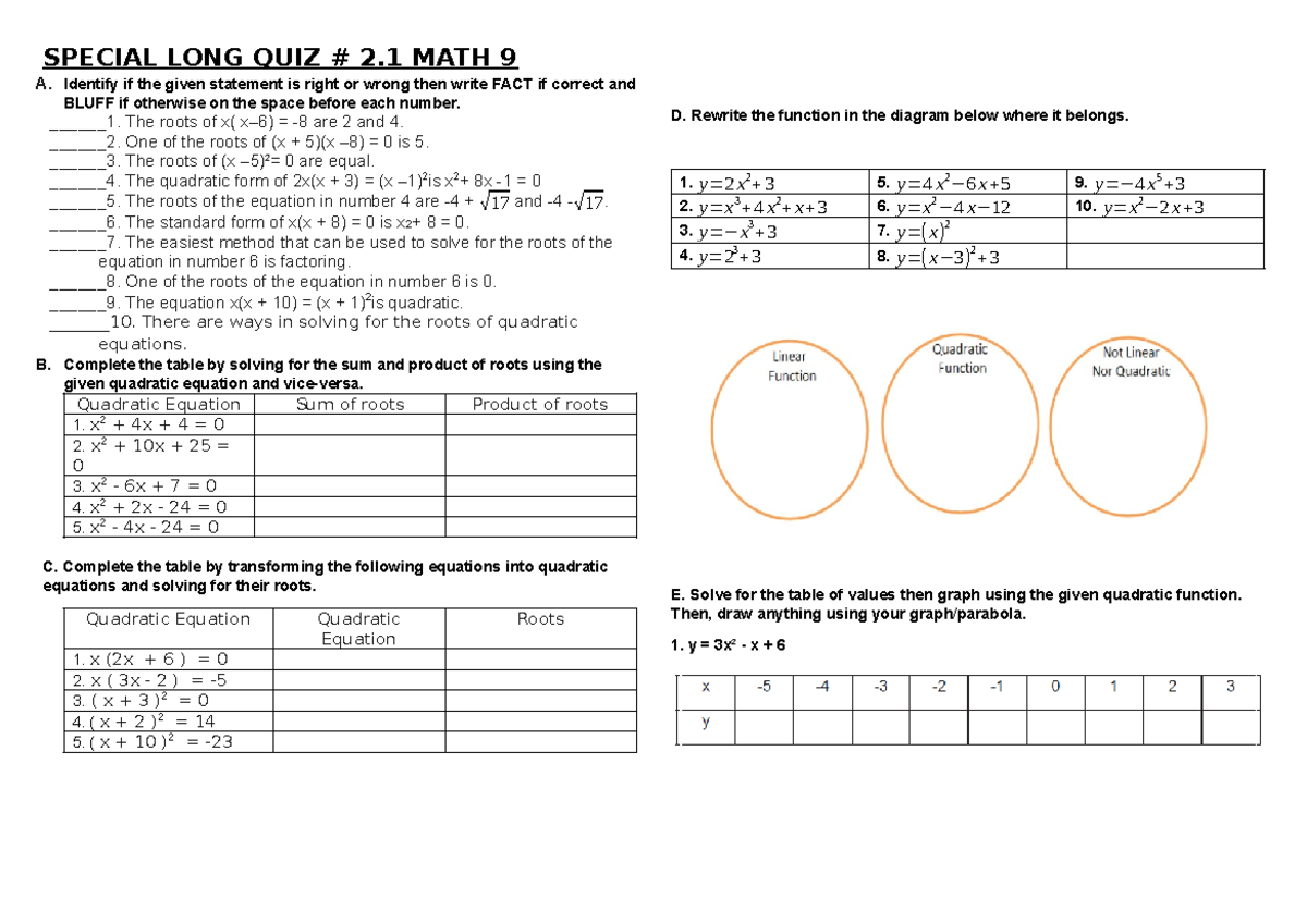 MATH 9 Special Long Quiz #2: Quadratic Equations and Roots - Studocu