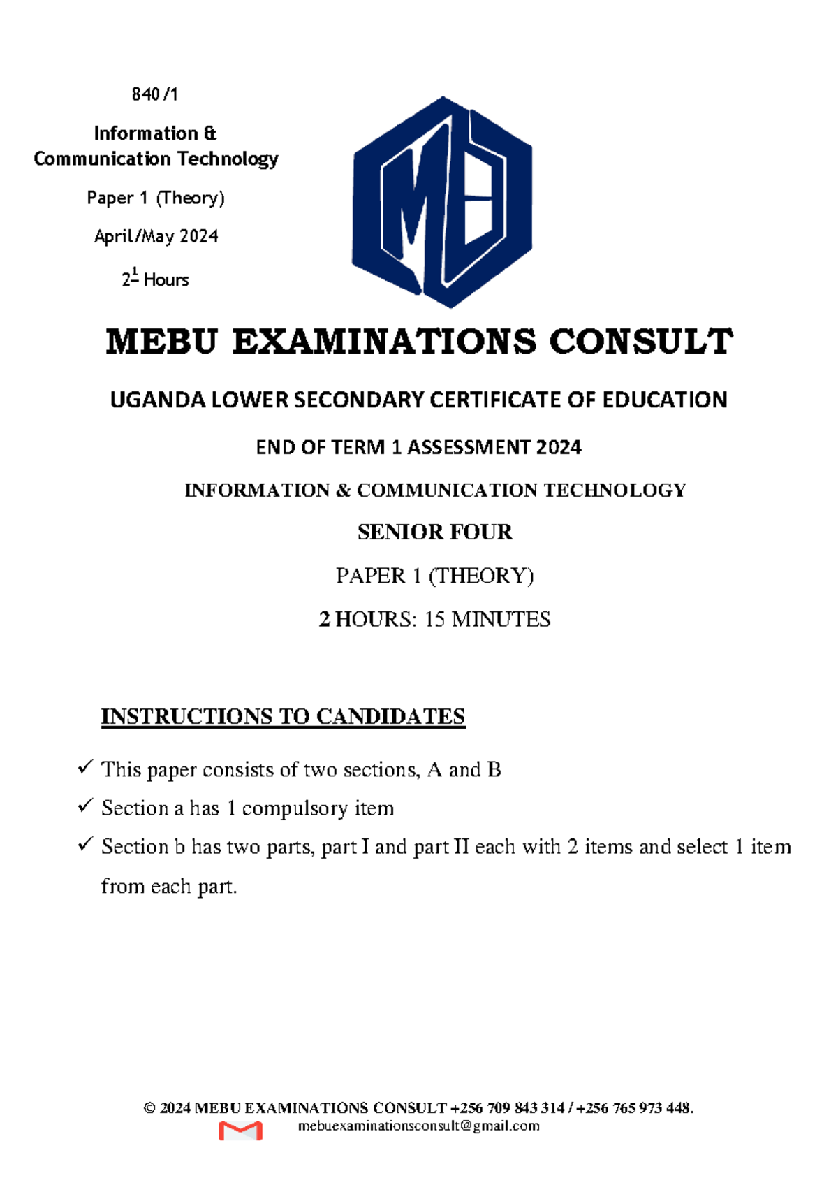 MEBU S.4 ICT End of Term 1 Assessment Paper 1 - 2024 - Studocu