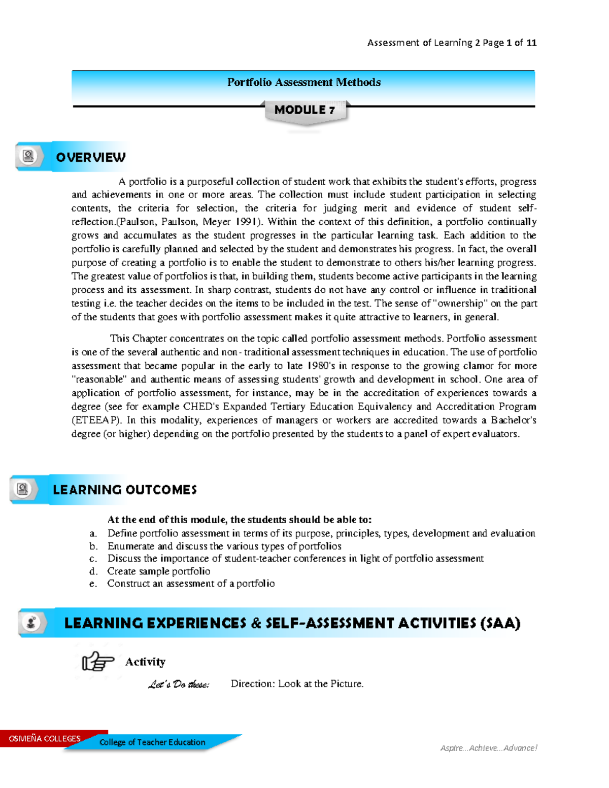 Assessment of Learning 2: Portfolio Assessment Methods - Module 7 - Studocu