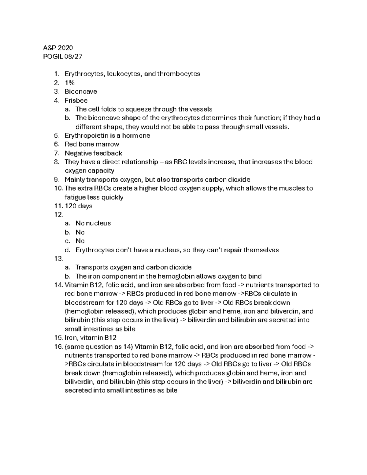 HSCI 2021 - POGIL 1: Erythrocytes and Blood Functions Insights - Studocu