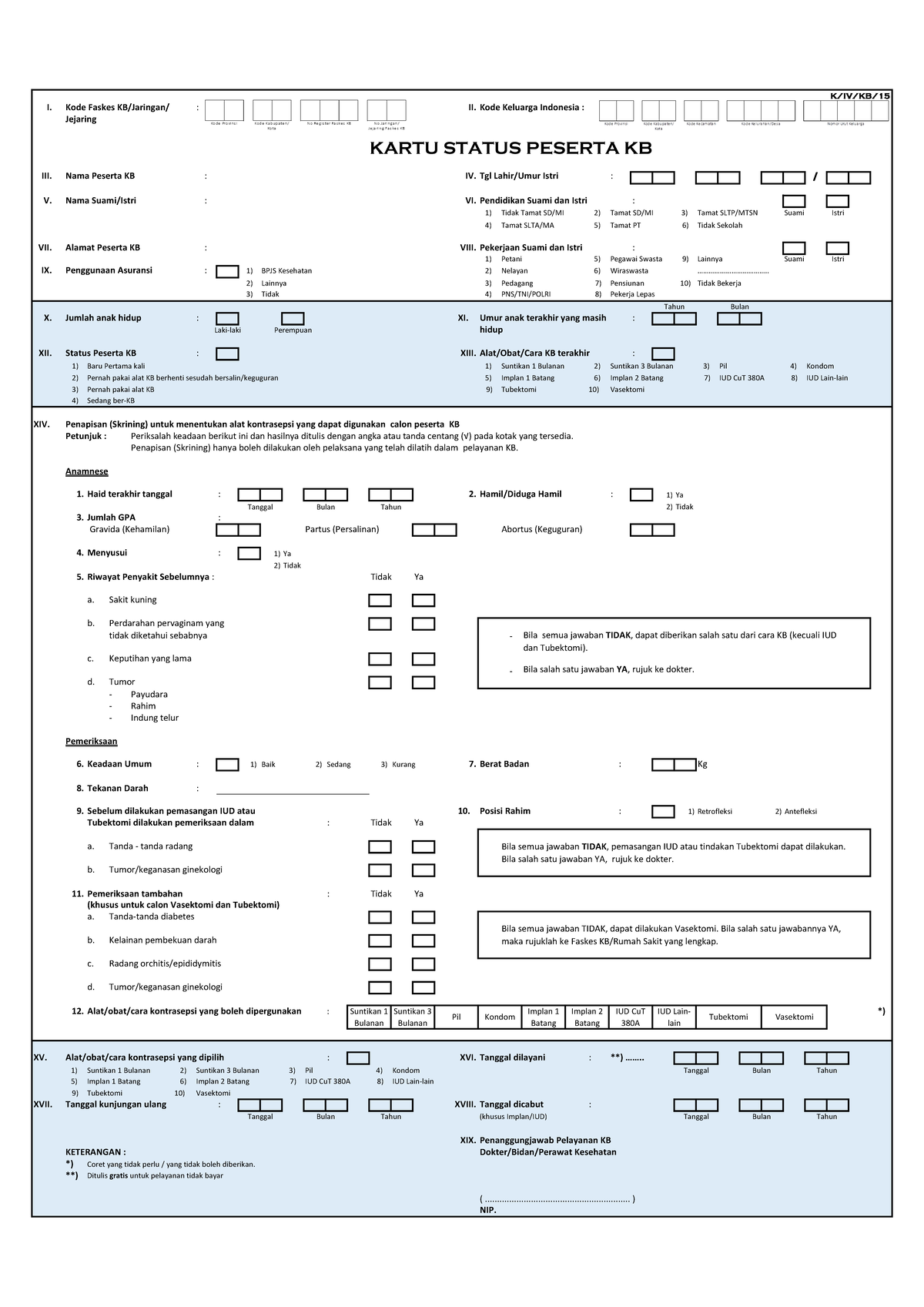 Formulir K IV KB 15 - Data Peserta Keluarga Berencana - Studocu