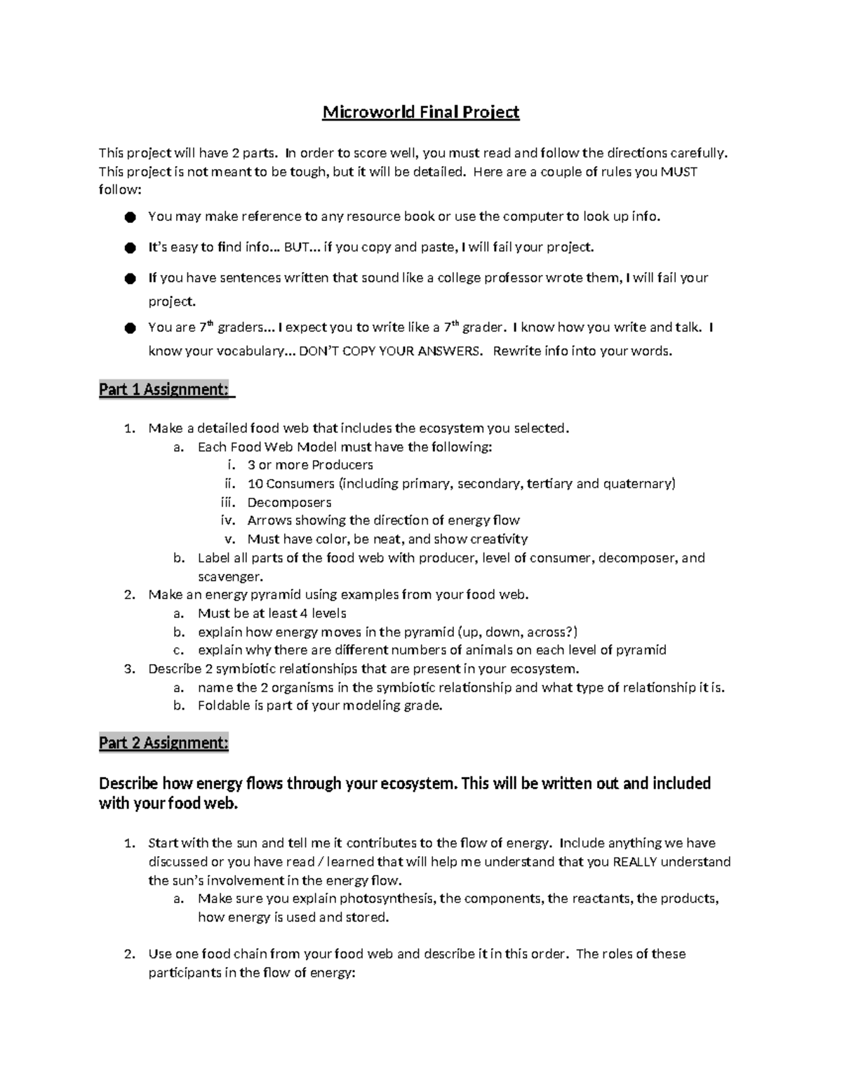 Microworld Final Project (7th Grade) - Food Web & Energy Flow - Studocu