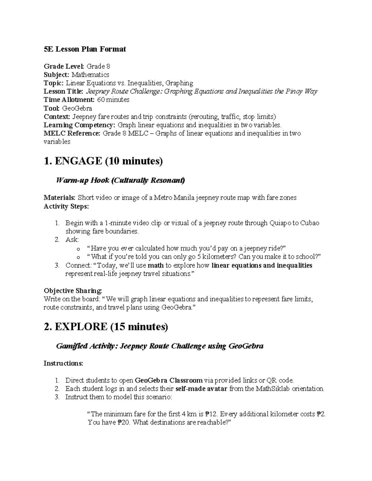 5E Lesson Plan: Grade 8 Math - Graphing Linear Equations & Inequalities ...