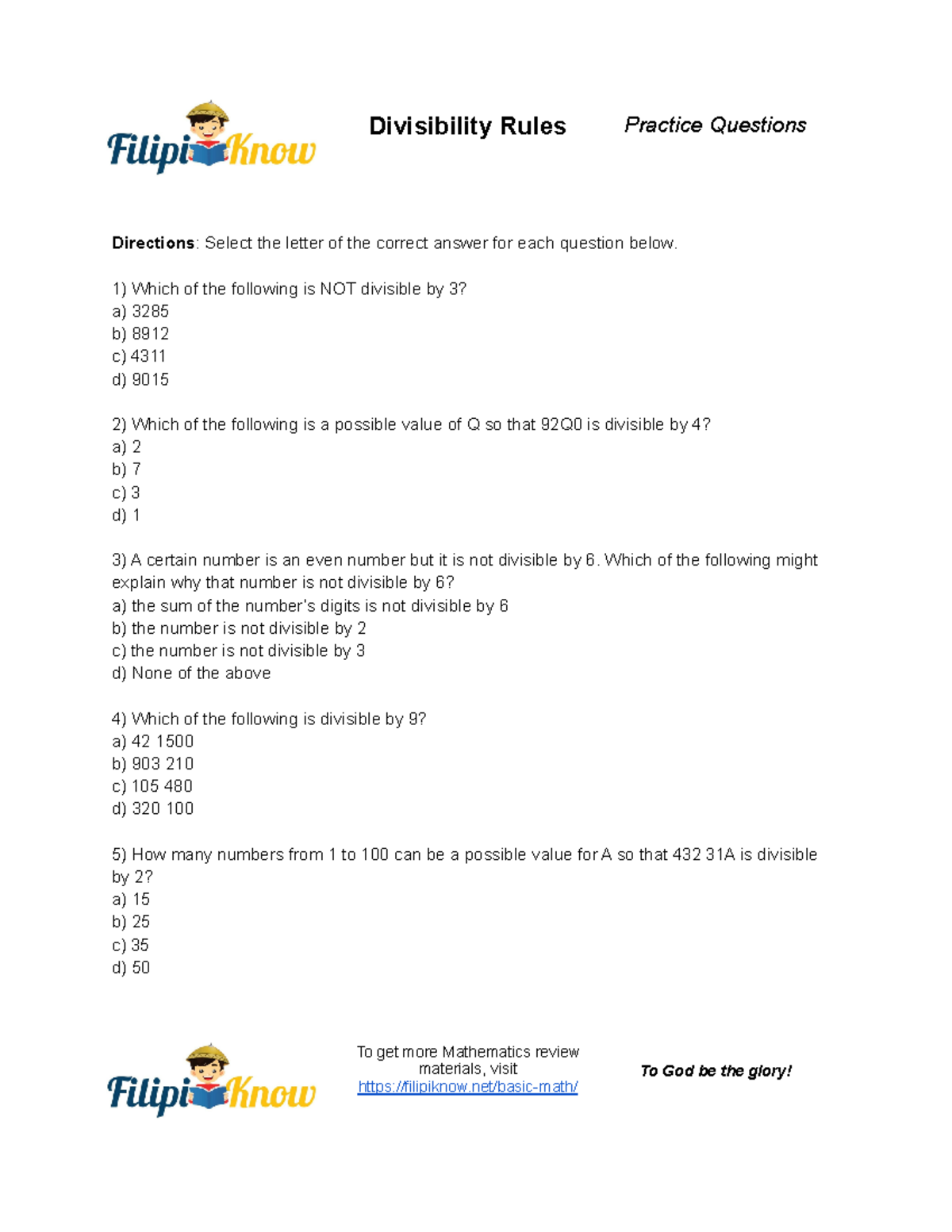 Divisibility Rules Practice Qs: Solutions & Explanations - Studocu