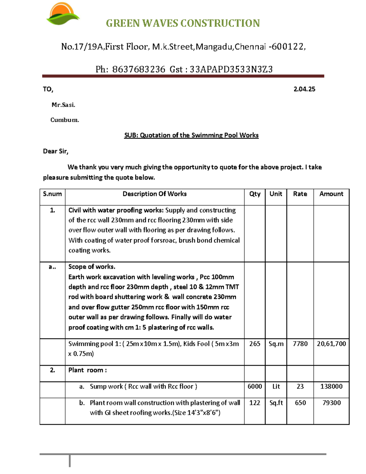 Swimming Pool Quotation - Construction Estimate for M.k.Street Project ...
