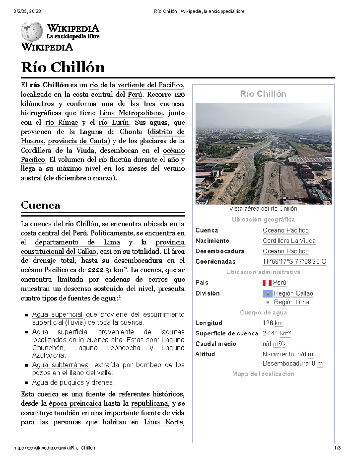 Río Chillón: Historia, Contaminación y Datos Geográficos en Perú - Studocu