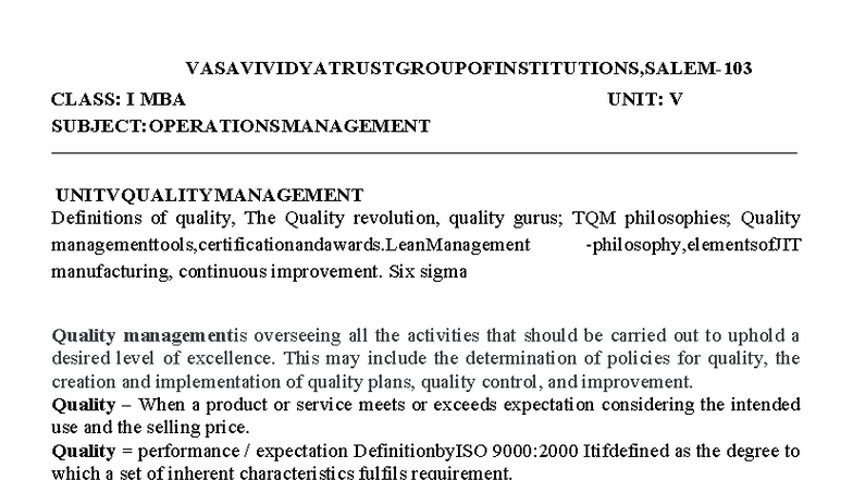 UNIT V: Quality Management in Operations Management (I MBA) - Studocu