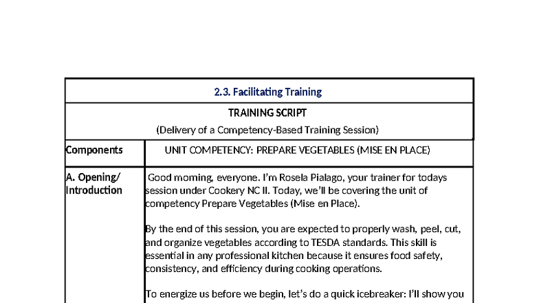 UC 2.3 Cookery NC II: Training Script for Vegetable Preparation - Studocu
