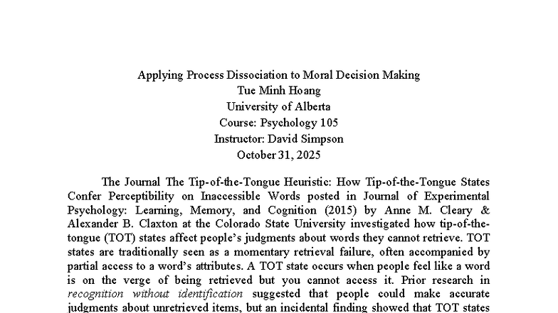 Applying Process Dissociation to Moral Decision Making in PSY 105 - Studocu