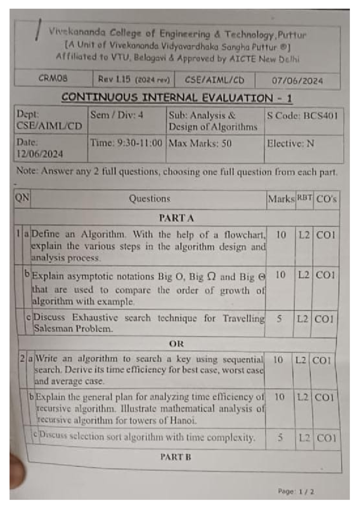 BCS401 Design of Algorithms - Continuous Internal Evaluation 1 (2024 ...