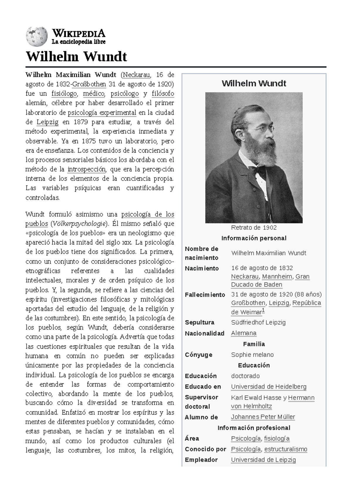 Wilhelm Wundt: Biografía y Contribuciones a la Psicología 1ER - Studocu