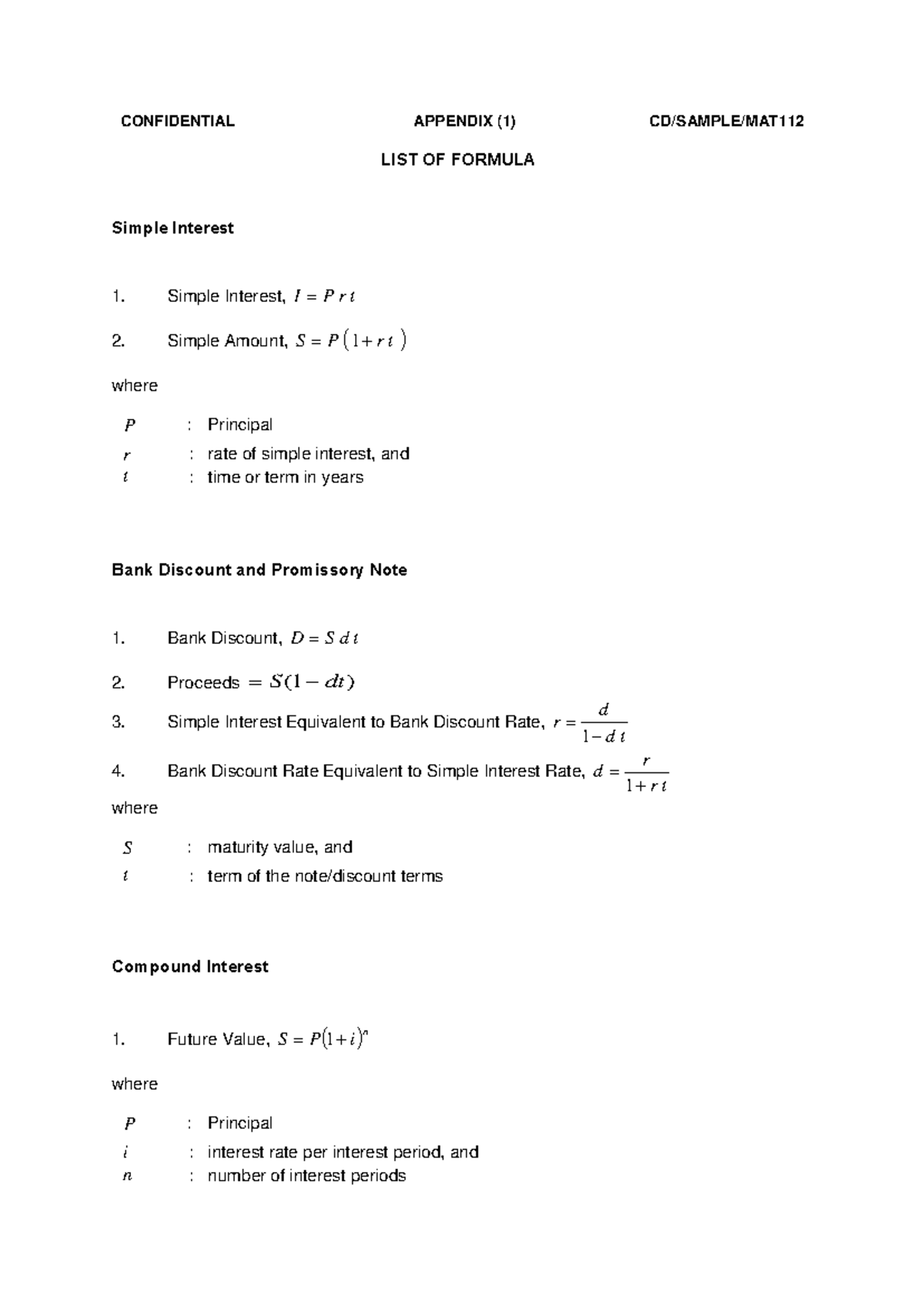 LIST OF Formula 2 - THANKS - CONFIDENTIAL APPENDIX (1) CD/SAMPLE/MAT ...