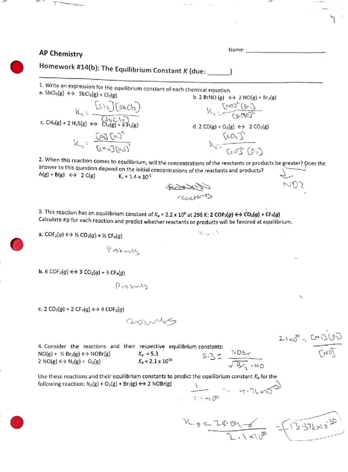 AP Chemistry Homework: Equilibrium Constant K Analysis - Studocu