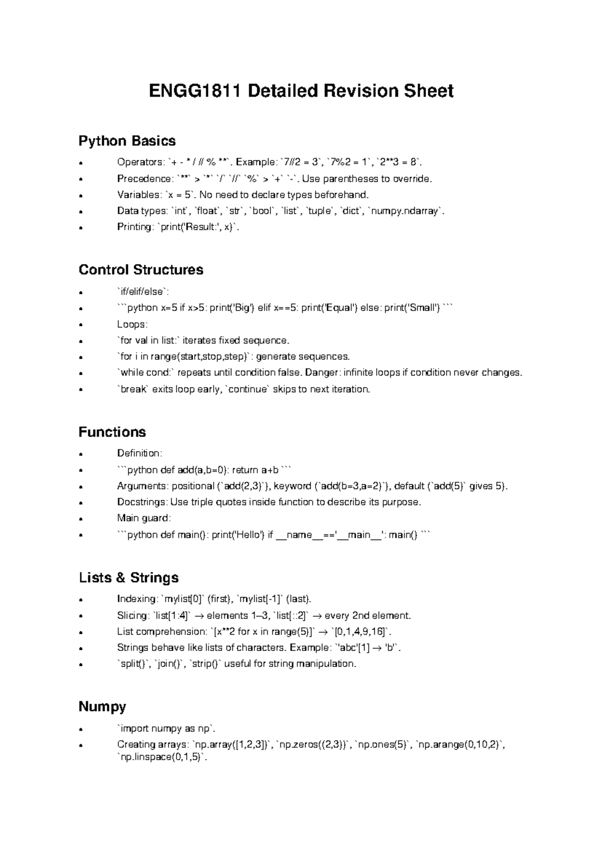 ENGG1811 Python Basics: Operators, Functions, and Numpy Overview - Studocu