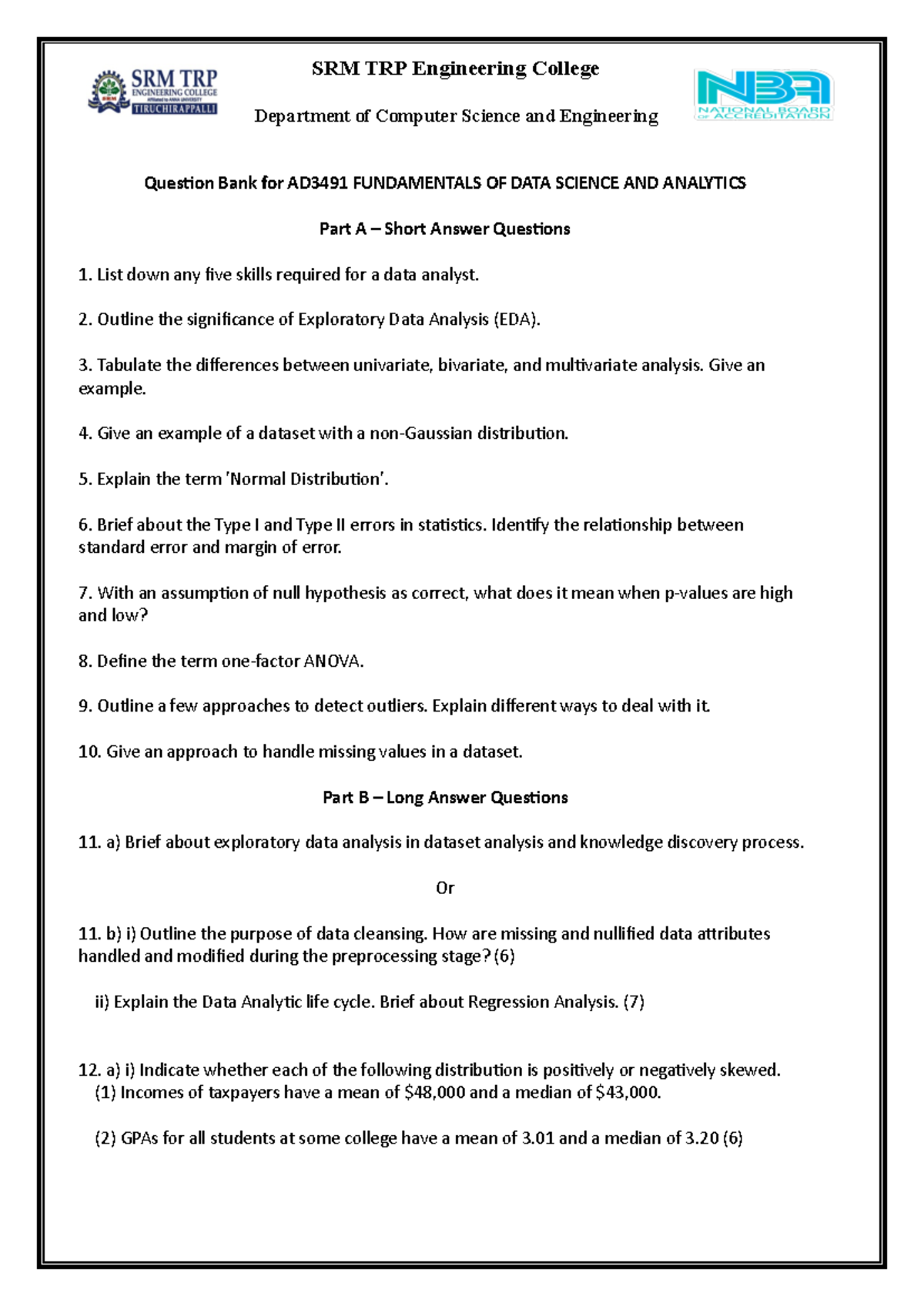Question Bank for AD3491: Fundamentals of Data Science & Analytics - Studocu