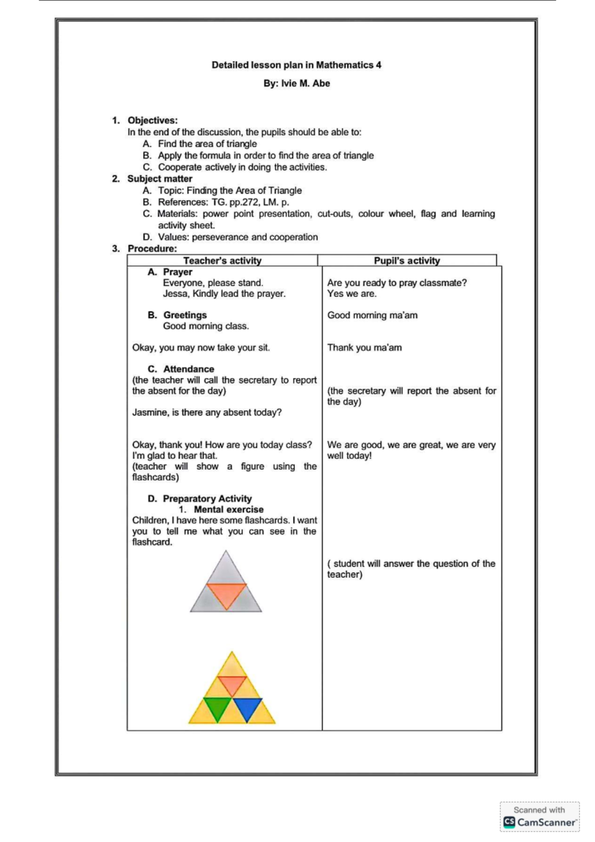 Mathematics 4: Detailed Lesson Plan on Finding the Area of Triangle ...