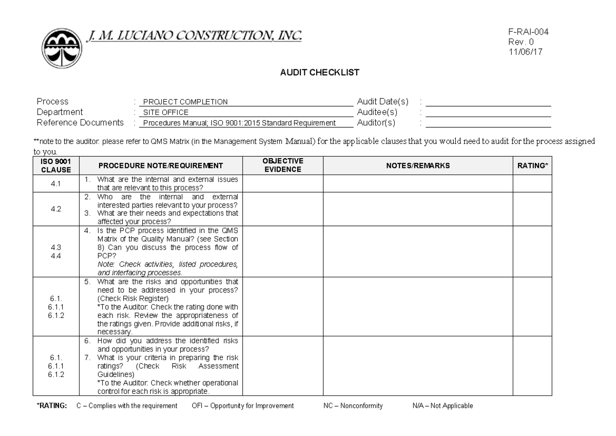 PCP-Audit-Checklist - dvdfvfevdfv d fsd fe - Rev. 0 11/06/ AUDIT ...